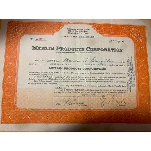 No brand | Art | 929 Original Stock Certificate Merlin Products ...